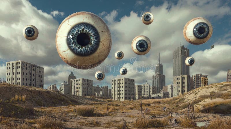 Surreal Landscape with Floating Eyeballs in Distorted City Stock ...