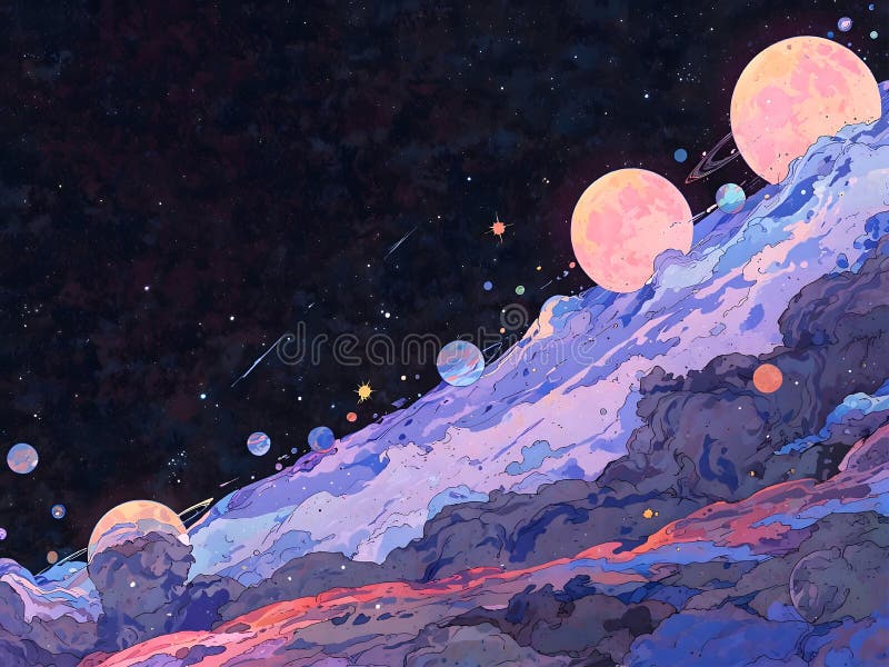 Surreal Landscape with Floating Planets and Swirling Clouds Stock ...
