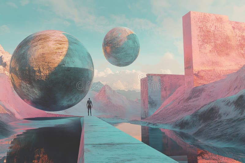 Surreal Landscape with Floating Spheres and Abstract Structures in a ...