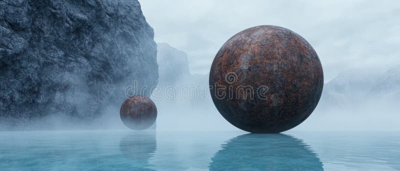Surreal Landscape with Floating Spheres Stock Illustration ...