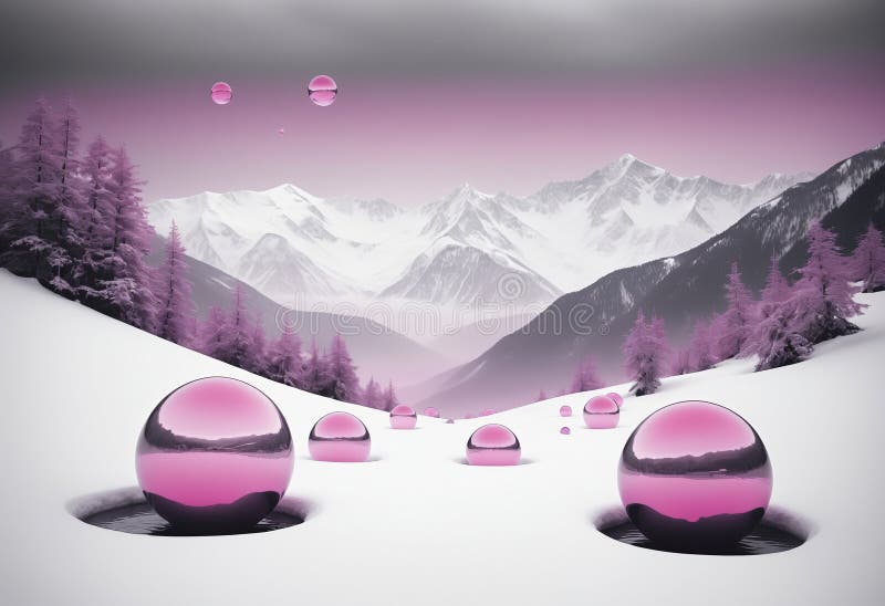 Surreal Landscape with Floating Spheres in a Pink and Purple Stock ...