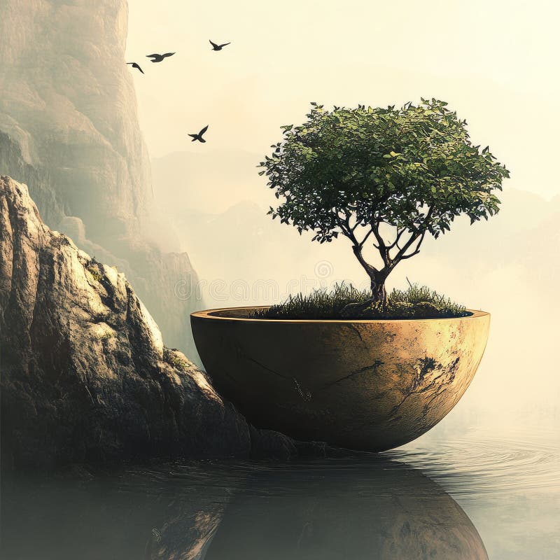 Surreal Landscape with Floating Tree in Half-Sphere Planter by Misty ...