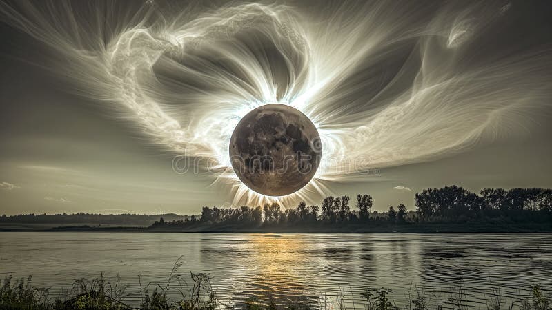 Surreal Landscape with a Full Moon Eclipse Above a Serene River Stock ...