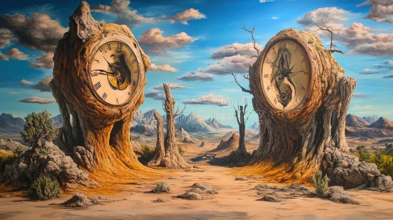 Surreal Landscape with Giant Clocks in Desert Setting Stock Photo ...