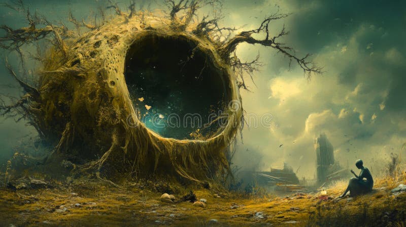 Surreal Landscape with Giant Hole Tree and Sitting Figure Stock ...