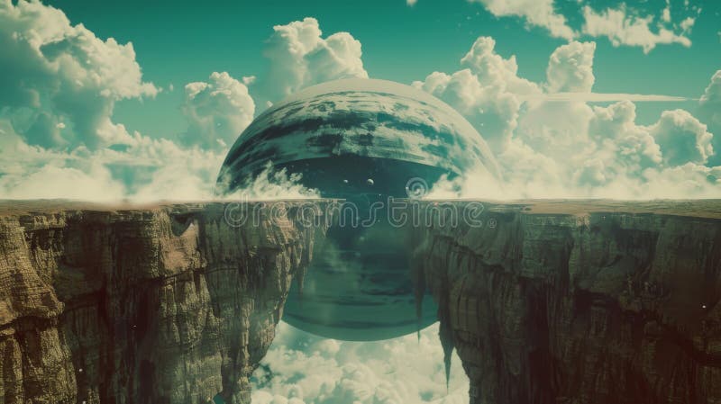 Surreal Landscape with Giant Orb between Cliffs Above Clouds Stock ...