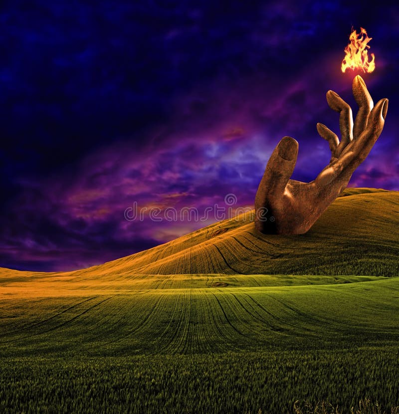 Surreal Landscape with Giant Sculptures and Fire Stock Illustration ...
