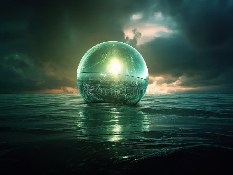 Surreal Landscape With Glass Sphere Floating Above The Ocean Stock Illustration Illustration