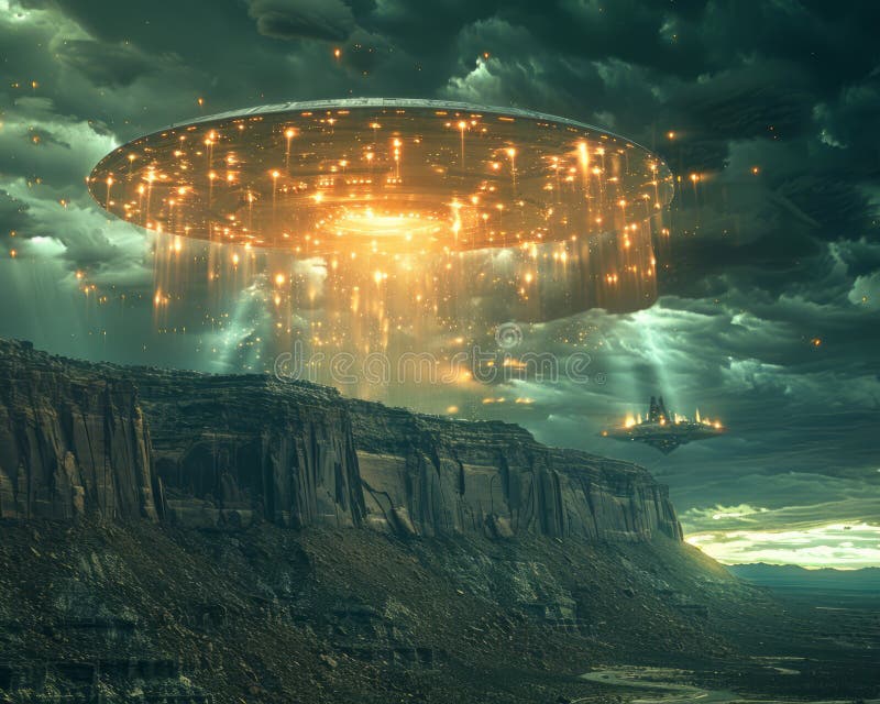 Surreal Landscape with Glowing Alien Spaceship Hovering Over Scenic ...