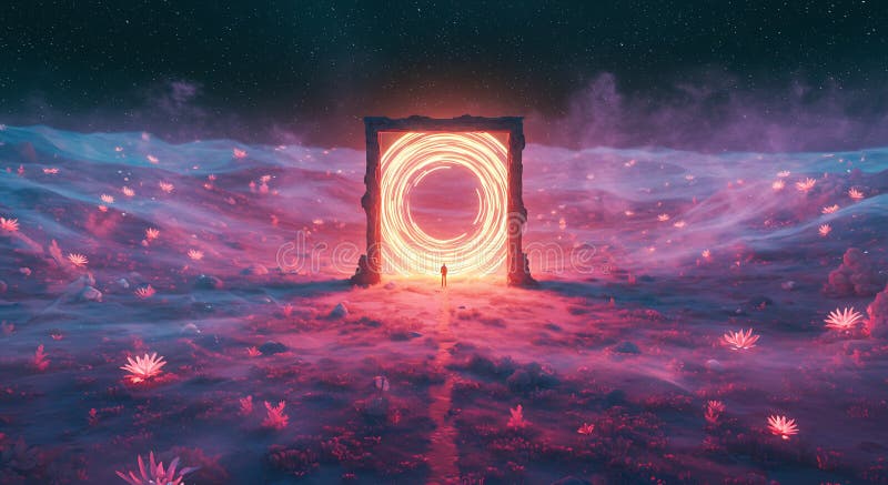 A Surreal Landscape with a Glowing Circular Portal Set within a ...