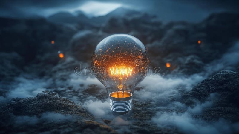 Surreal Landscape with a Glowing Light Bulb, a Single Source of Light ...