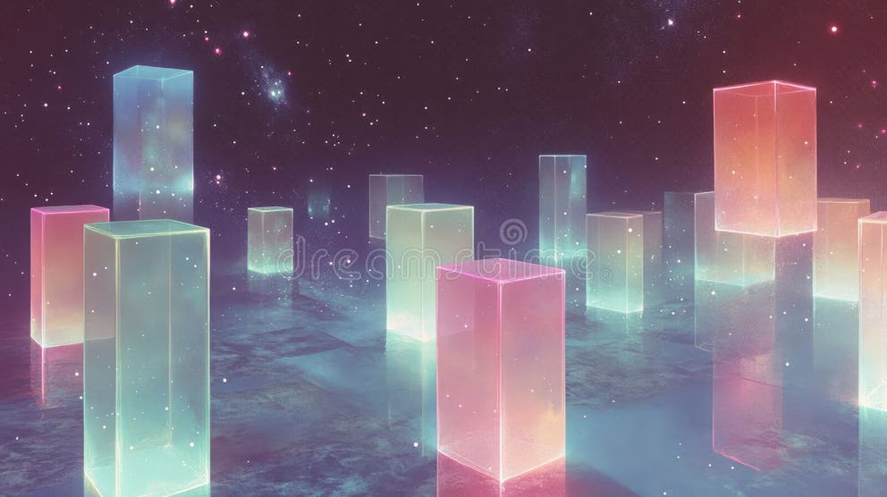 A Surreal Landscape of Glowing, Translucent Blocks in a Cosmic Setting ...