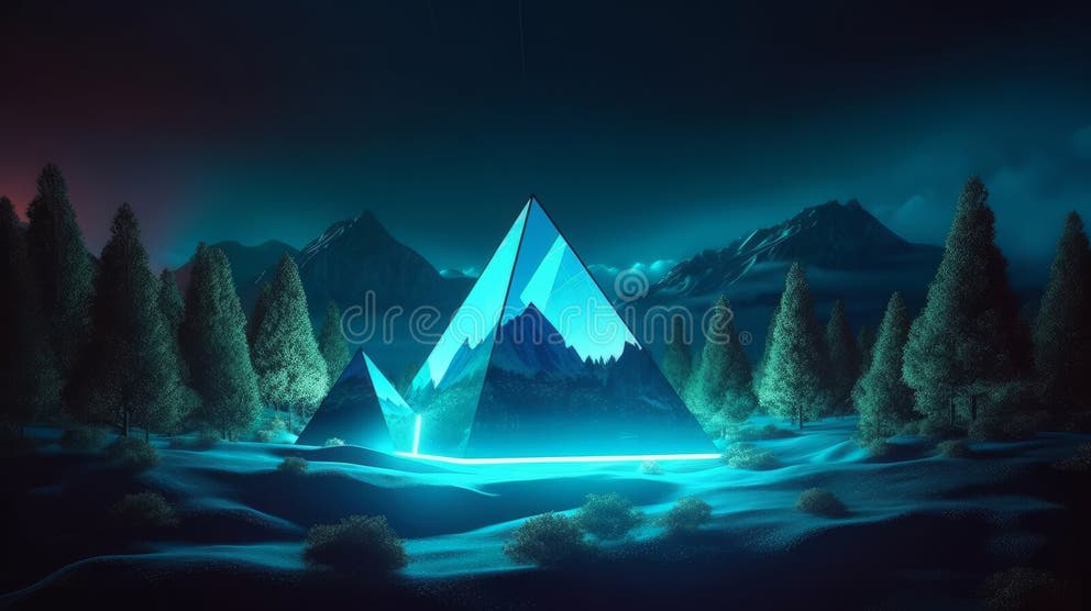 A Surreal Landscape with a Glowing Triangle-shaped Object Hovering Over ...