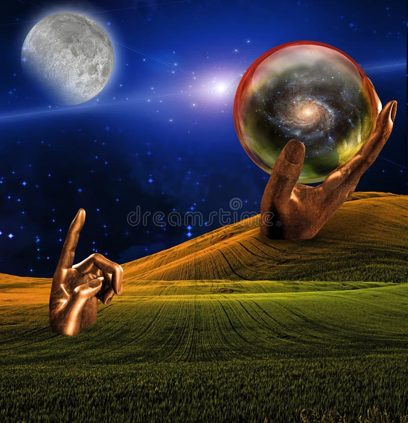 Surreal Landscape with Human Hand Sculpture Stock Illustration ...