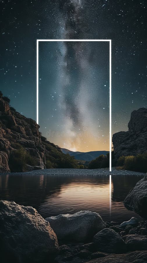 Surreal Landscape with Illuminated Rectangle at Night, Starry Sky and ...