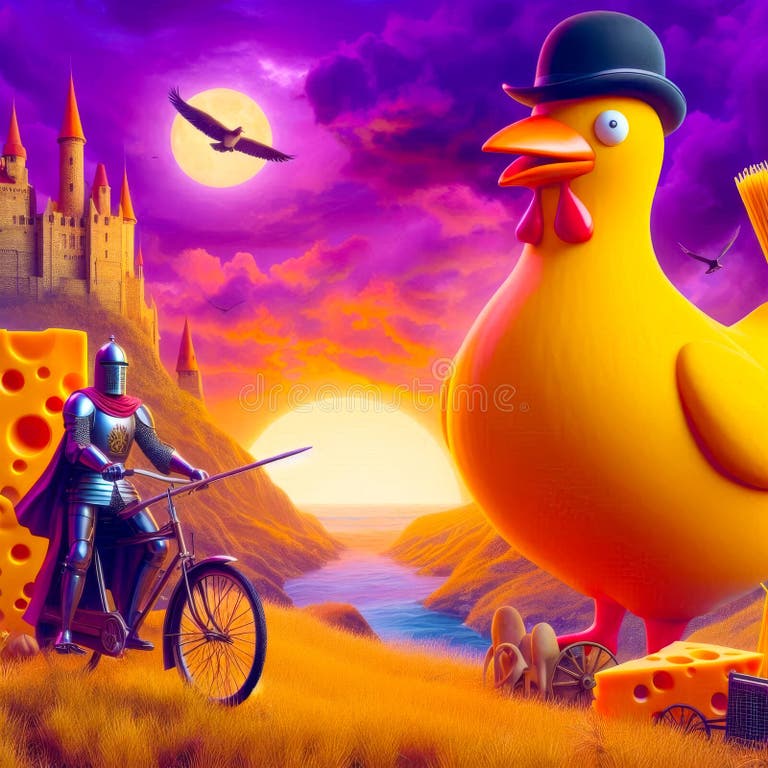 Surreal Landscape with a Knight, a Castle and a Chicken. Stock Image ...