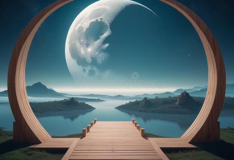 A Surreal Landscape with a Large Glowing Moon in the Sky Stock ...