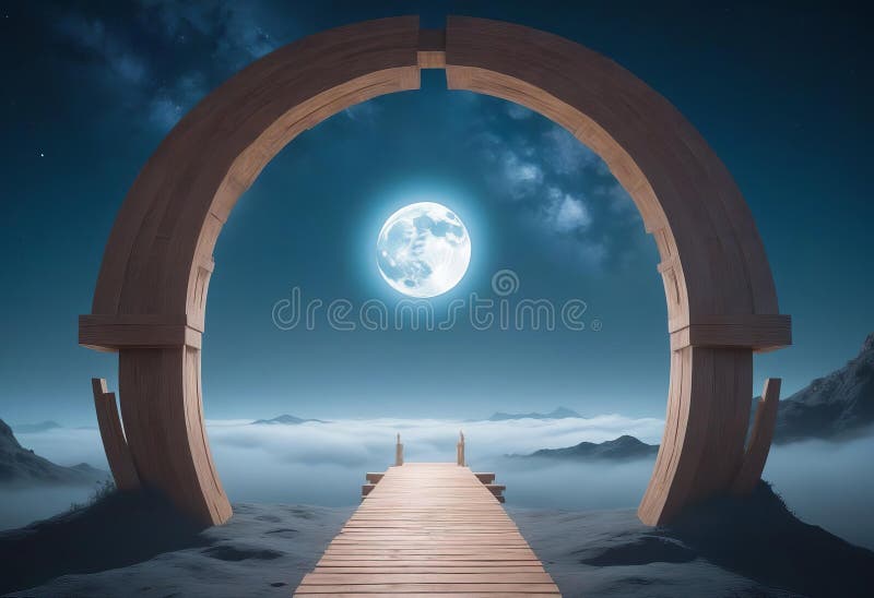 A Surreal Landscape with a Large Glowing Moon in the Sky Stock ...