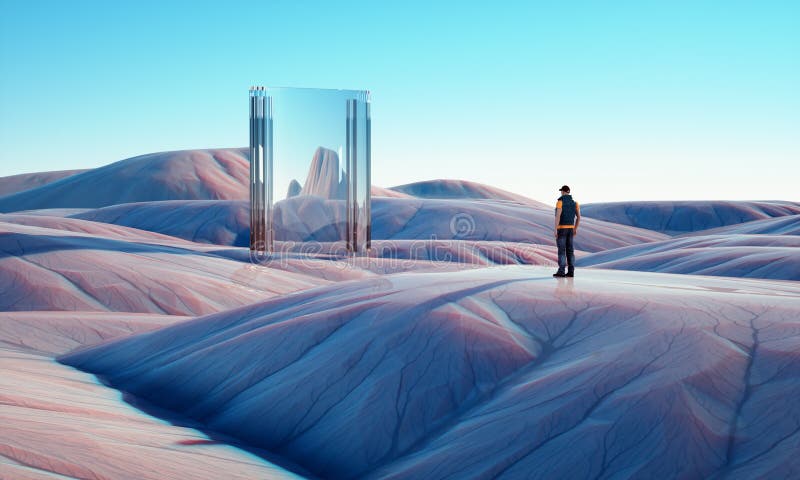 Surreal Landscape with a Man Looking at a Big Mirror. Escape and ...