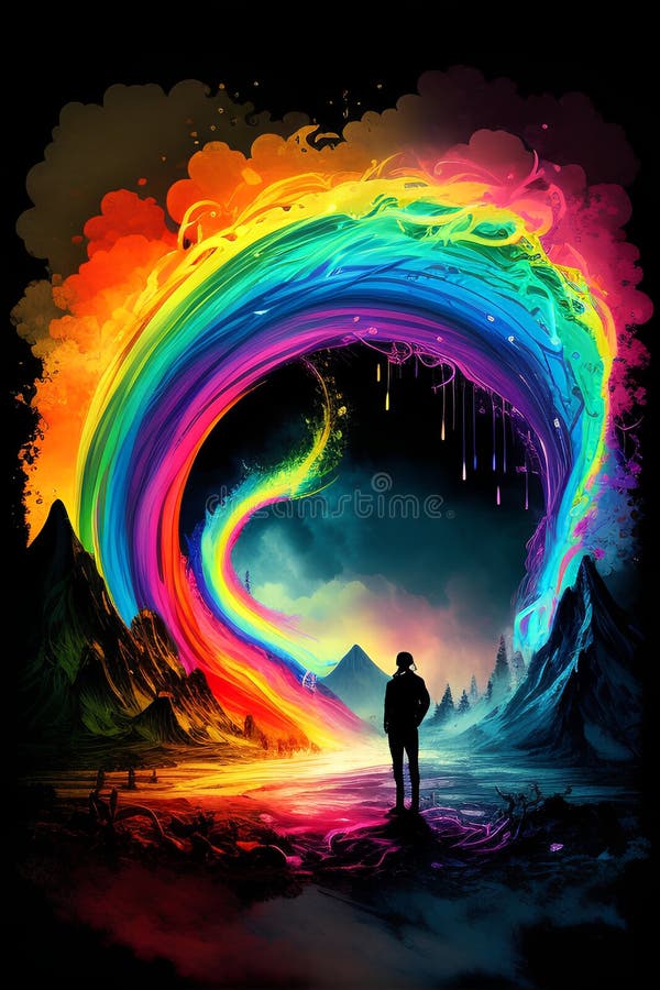 Surreal Landscape with a Man and a Rainbow. Vector Illustration Stock ...