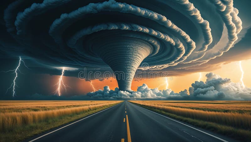 Surreal Landscape with Massive Tornado-Like Storm Over Open Road Stock ...