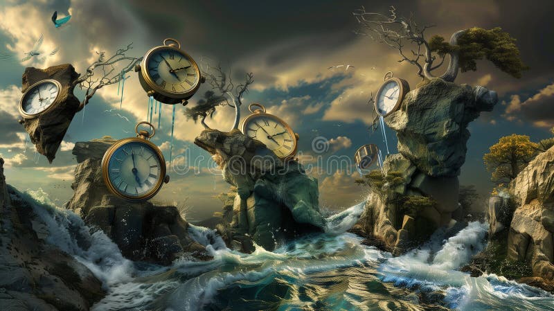 Surreal Landscape with Melting Clocks Stock Illustration - Illustration ...