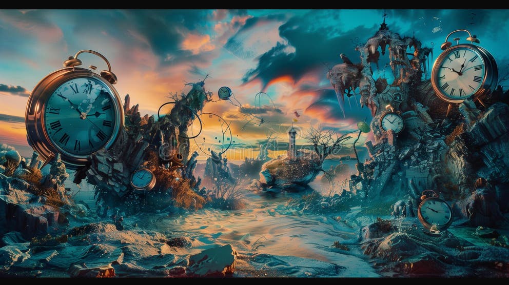 Surreal Landscape with Melting Clocks Stock Illustration - Illustration ...