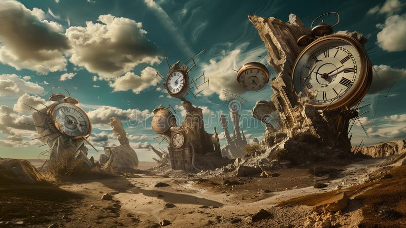 Surreal Landscape with Melting Clocks Stock Illustration - Illustration ...