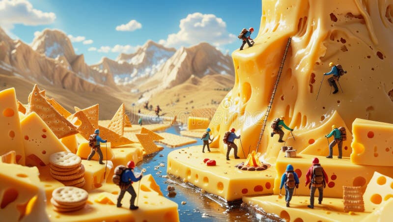 Adventurous Hikers Climb Cheese Mountains in a Whimsical Landscape ...
