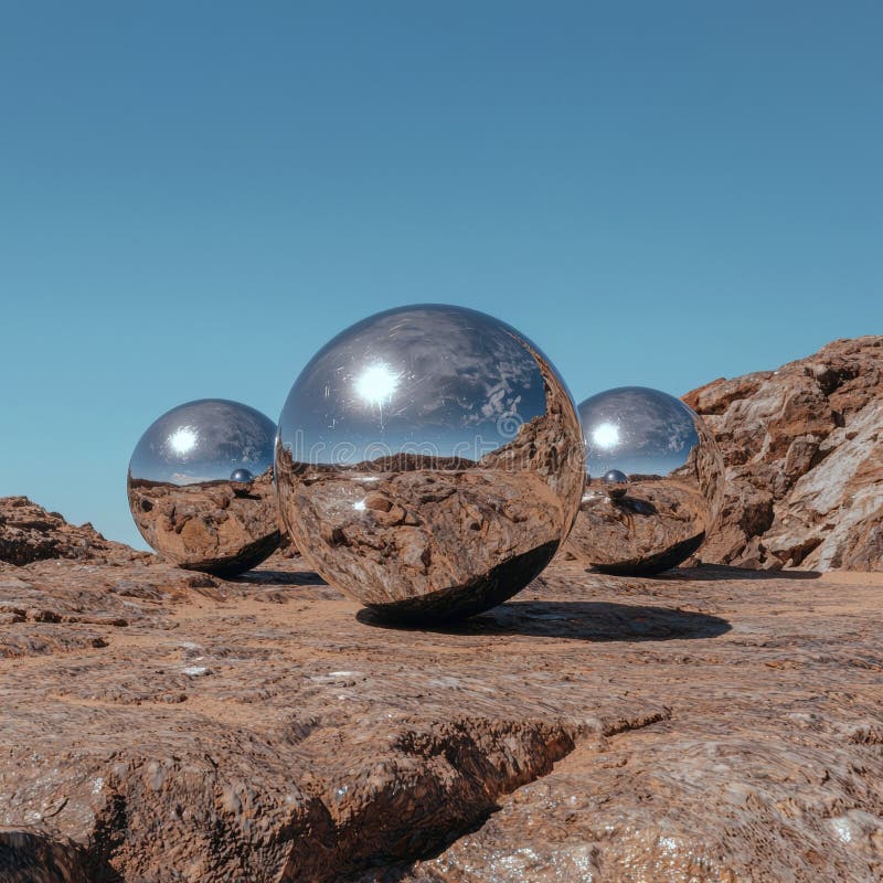 Surreal Landscape with Mirrored Spheres Stock Illustration ...
