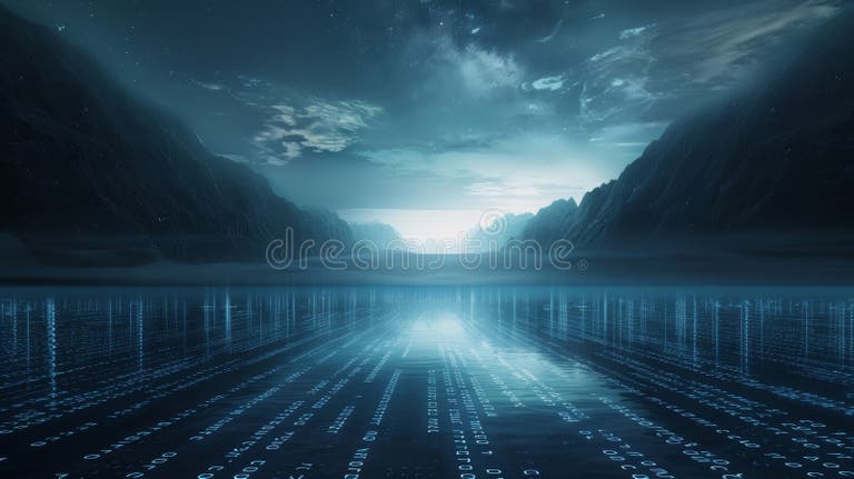 A Surreal Landscape of Mountains and a Digital Ocean. Code Reflects in ...
