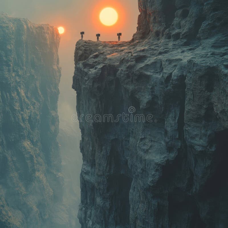 Surreal Landscape with Multiple Suns Setting Over Rocky Cliffs Stock ...