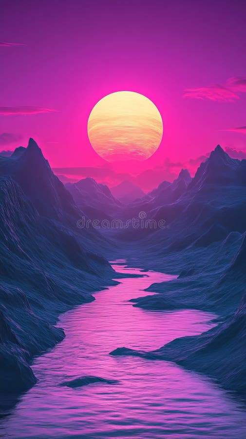 Surreal Landscape with Neon Sunset Over Mountains and River Stock Photo ...