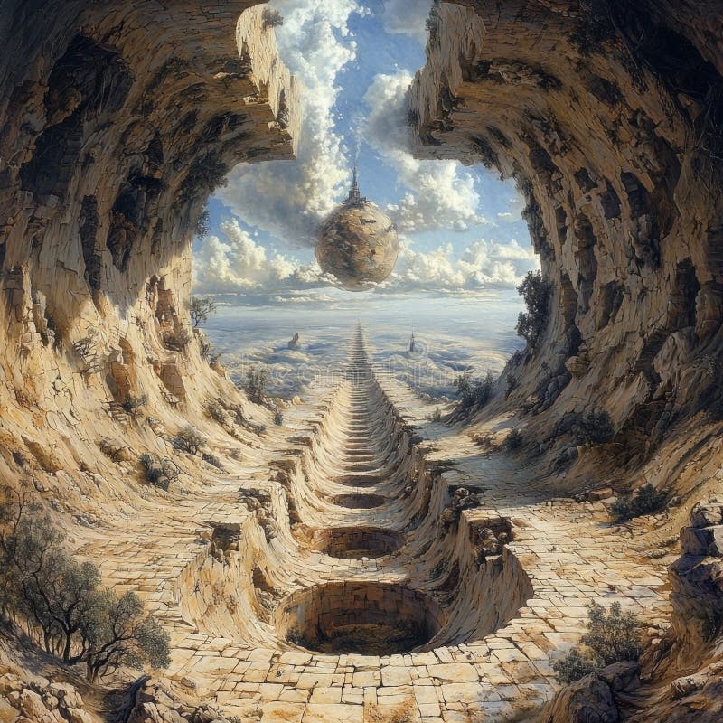 Surreal Landscape with Optical Illusion and Floating Sphere Under ...
