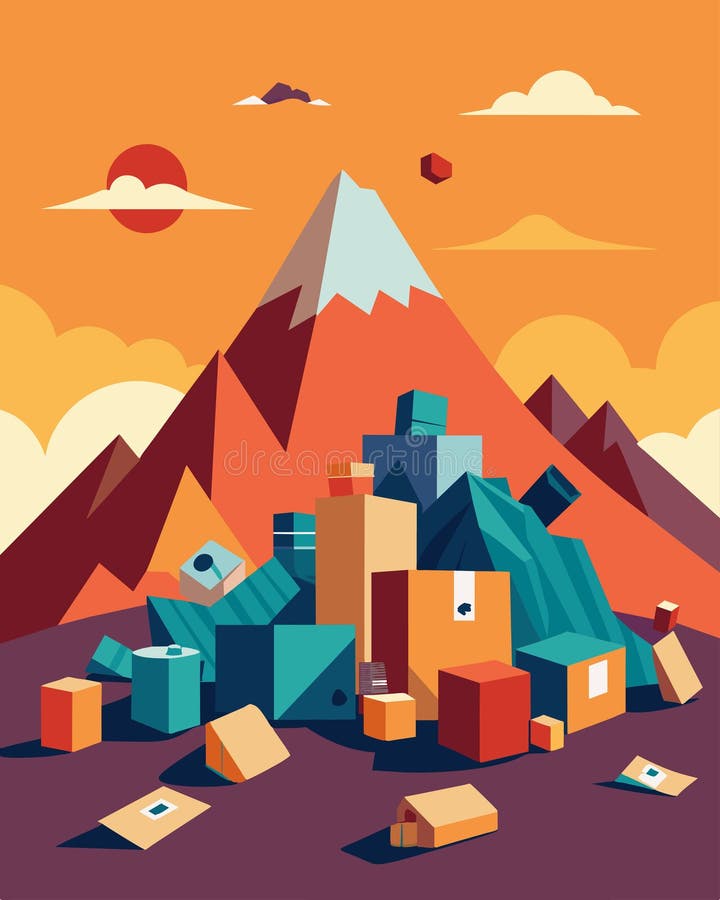 A Surreal Landscape of Oversized Packaging and Discarded Items Forming ...