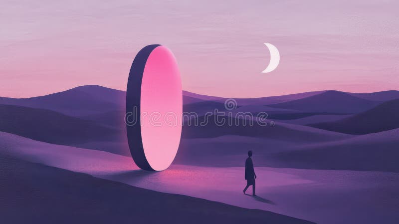 Surreal Landscape with Person Walking by Glowing Oval Structure and ...