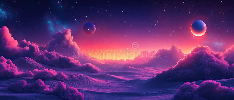 Dreamlike Landscape Featuring Two Moons and Pink Hues Stock ...