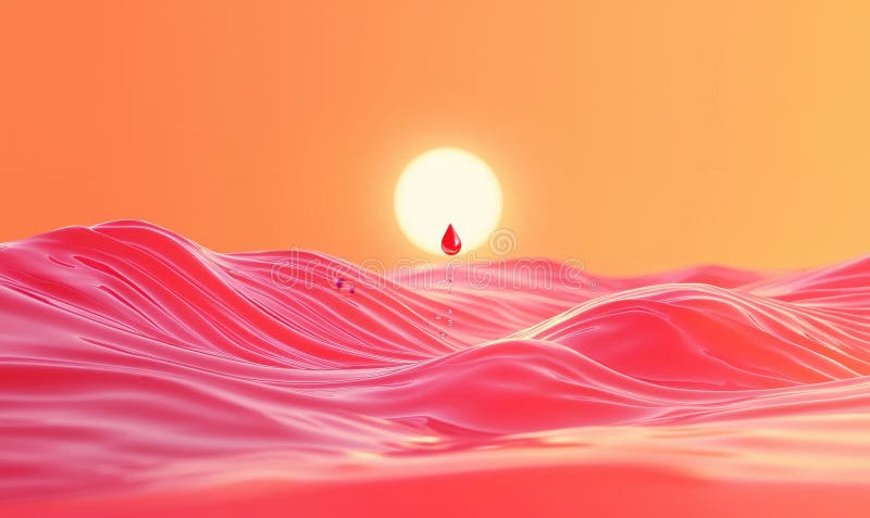 Surreal Landscape with Red Liquid Waves and Glowing Sun at Sunset Stock ...