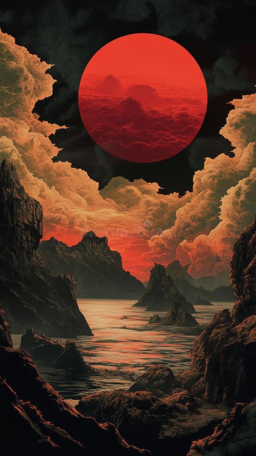 Surreal Landscape with Red Sun and Rocky Cliffs, Fantasy and ...