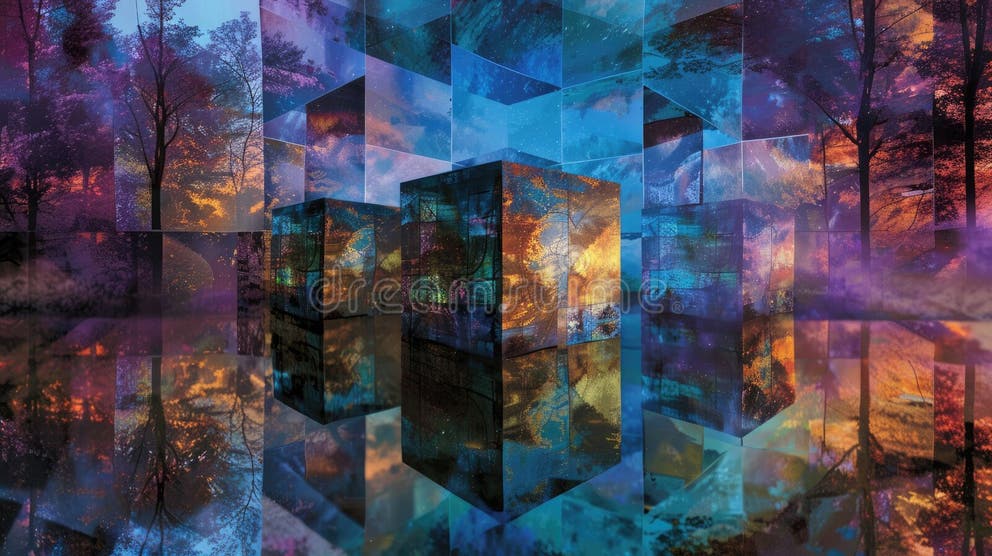 Surreal Landscape with a Reflective Cube and Digital Elements. Design ...