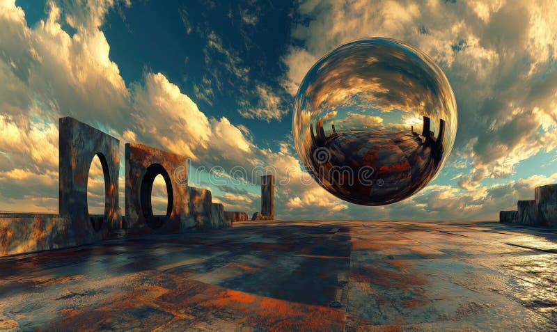 Surreal Landscape with Reflective Sphere, Abstract Structures, Dramatic ...