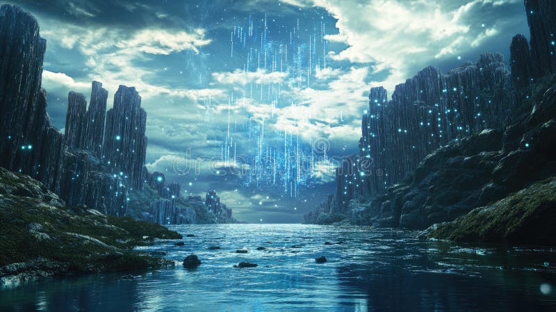 Ethereal River Valley with Glowing Lights and Digital Rain Stock ...