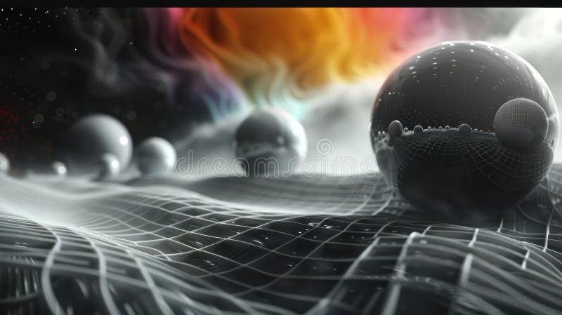 A Surreal Landscape with Spheres and a Wave-like Grid, Evoking a Sense ...