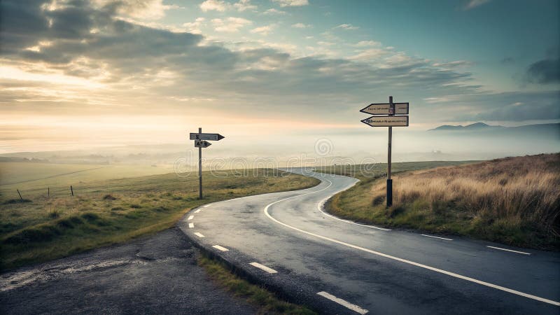Surreal Landscape with Split Road and Signpost Arrows Stock ...