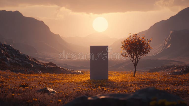 A Surreal Landscape at Sunset, Featuring a Large Rectangular Structure, a Solitary Tree, and a ...