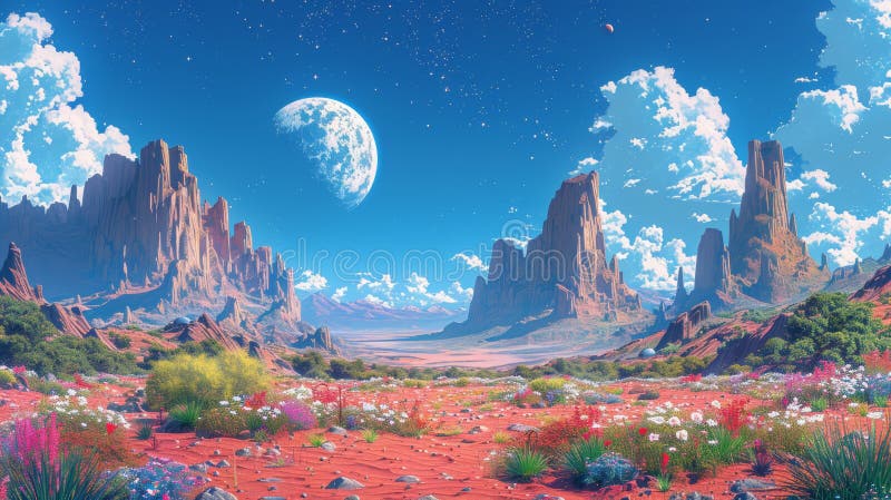 A Surreal Landscape with Towering Red Rock Formations and a Giant Moon ...