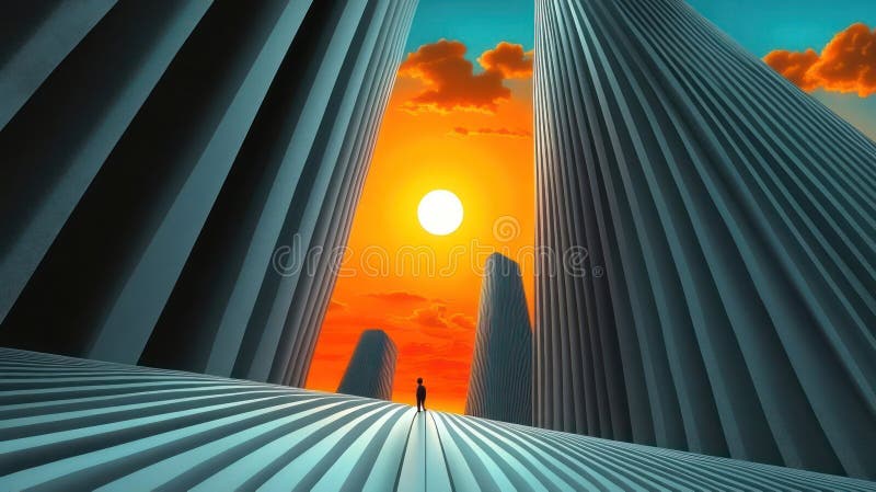 A Surreal Landscape with Towering Structures and a Vibrant Sunset Stock ...
