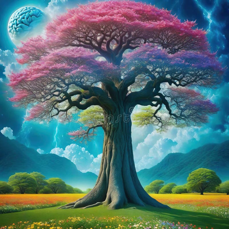 A Surreal Landscape of a Towering Tree with a Brain As Its Practicing ...