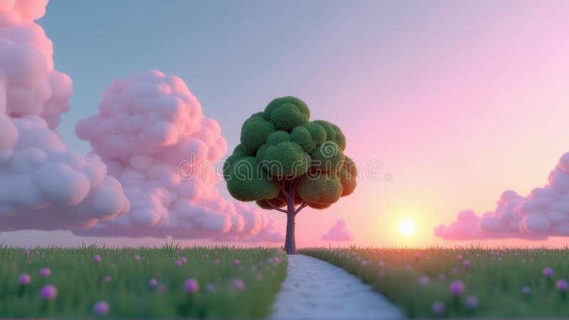 Surreal Landscape with Tree, Clouds, and Path Stock Illustration ...