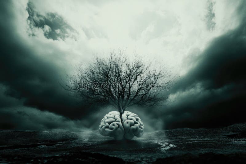 Surreal Landscape with Tree Growing from Human Brain Under Dramatic Sky ...